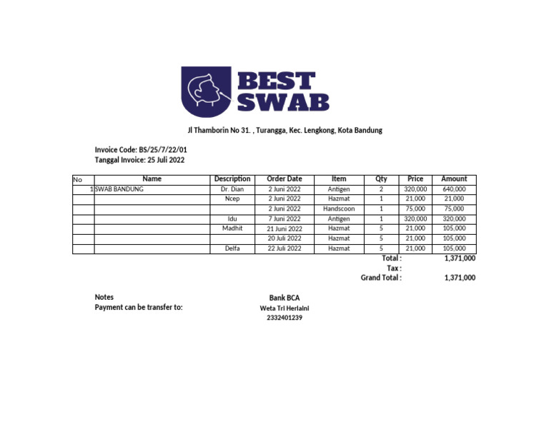 Invoice Anitgen 2 Juni - 22 Juli 2022 - Swab Bandung | PDF