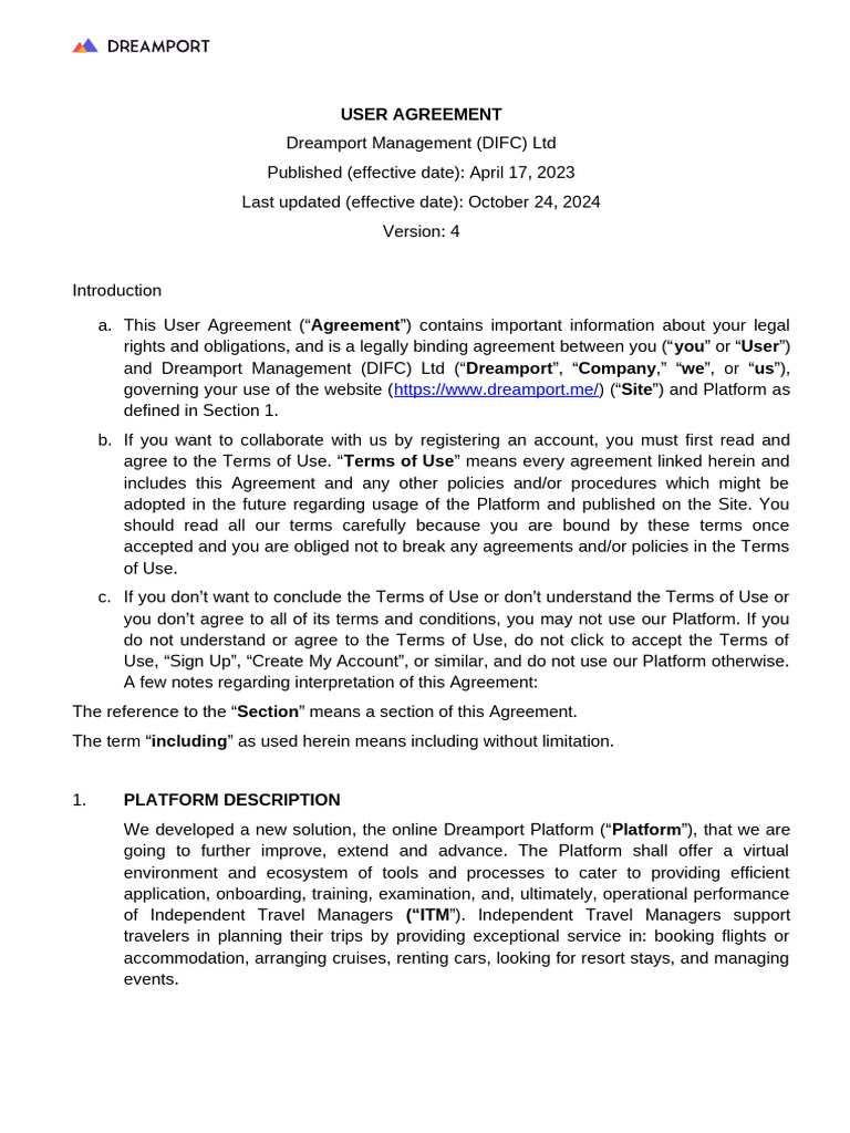 Dreamport User Agreement V4 | PDF | Indemnity | Terms Of Service