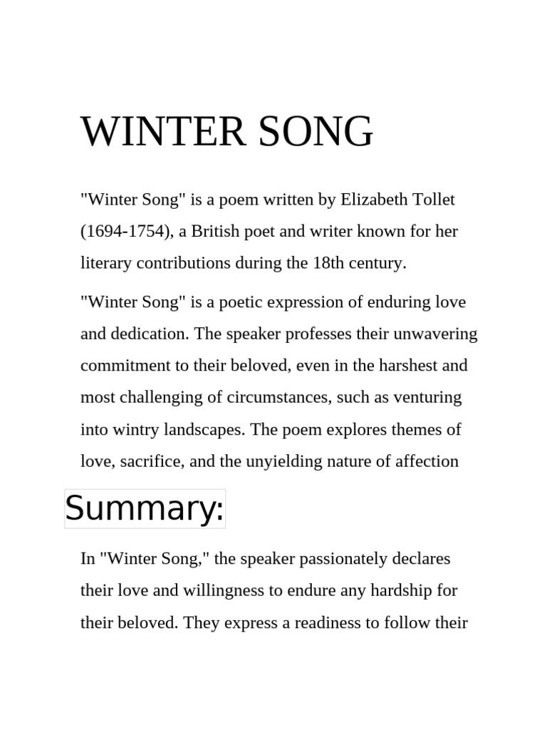 Analysis of Elizabeth Tollet's "Winter Song" | PDF | Poetry | Love