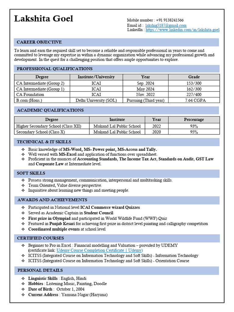 Lakshita Goel CV Articleship-1-1 | PDF