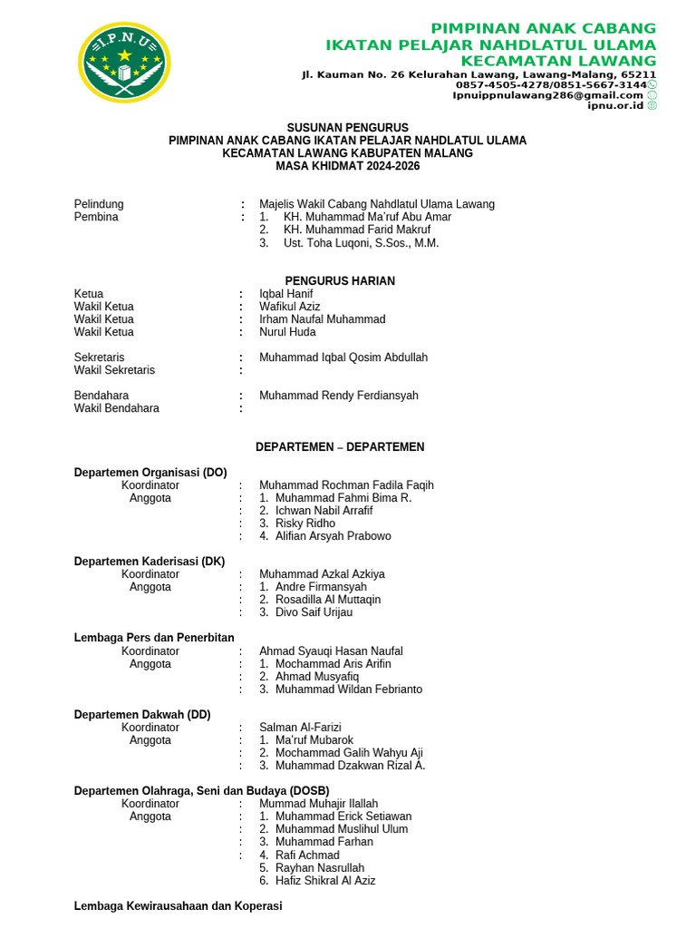 Susunan Pengurus IPNU | PDF