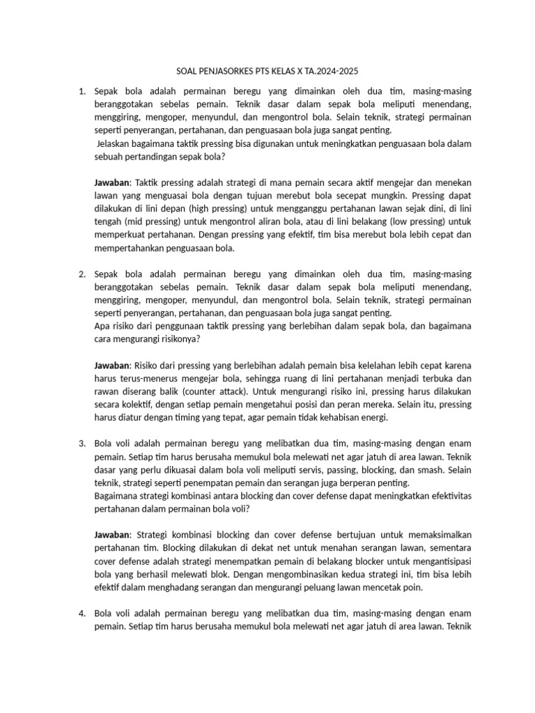 Soal Penjasorkes Pts Kelas X Ta 2024-2025 | PDF