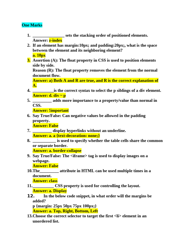 One & Two Marks | PDF | Html Element | Computing