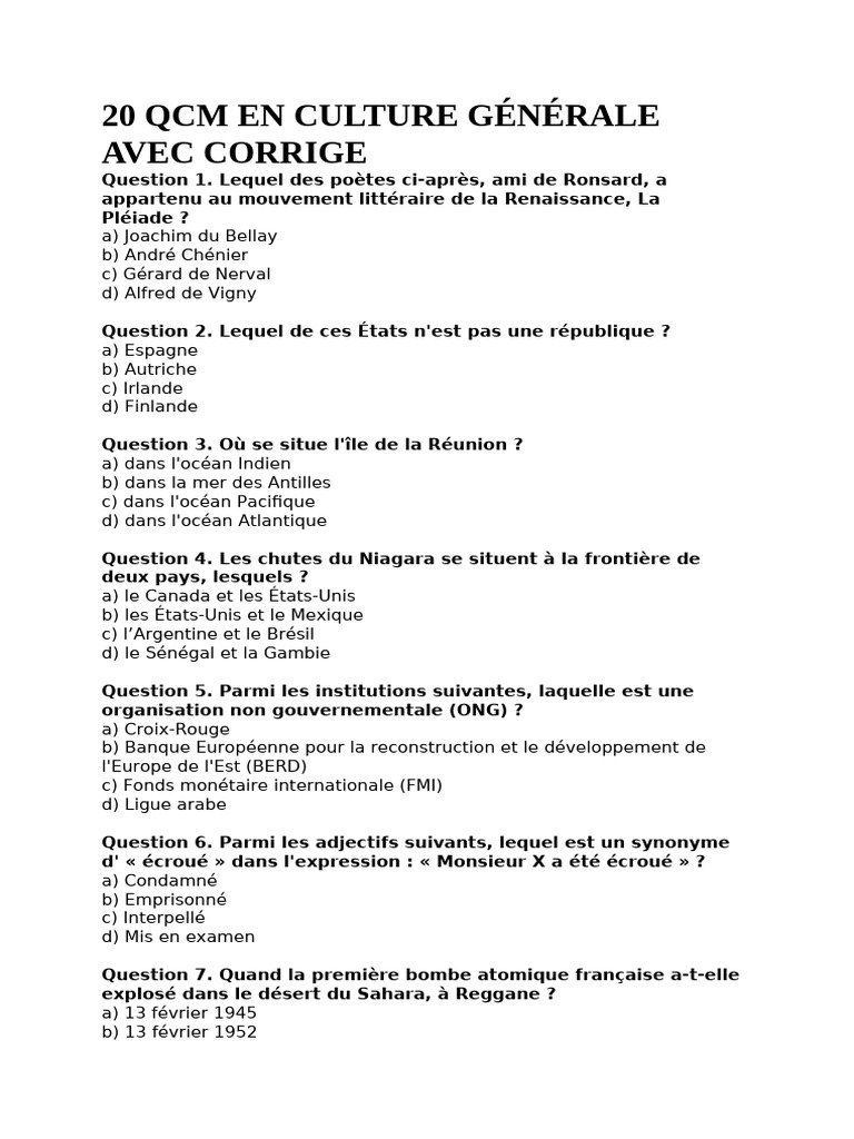 20 QCM de Culture Générale Corrigés | PDF | Union européenne | Constitution