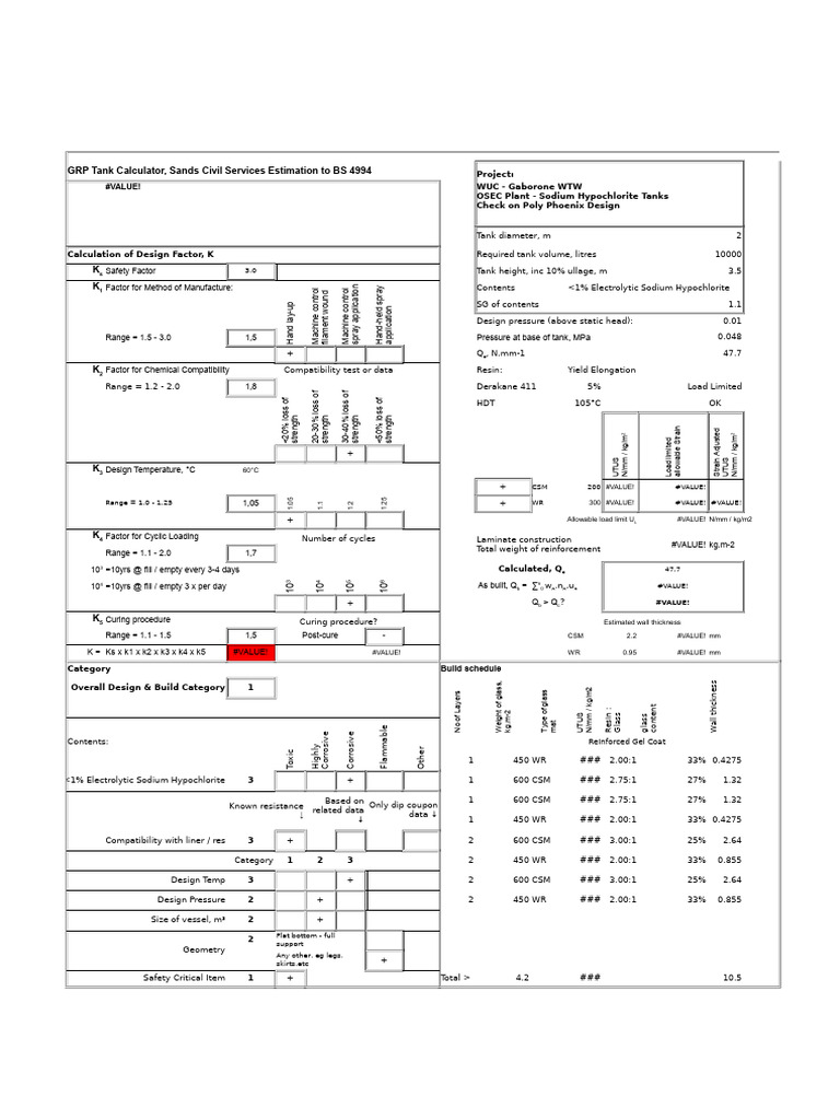 GRP Tank Design Calculator BS 4994 | PDF | Fiberglass | Chemical Substances