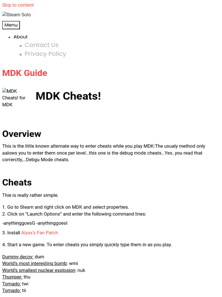 MDK Cheats! – Steam Solo | PDF
