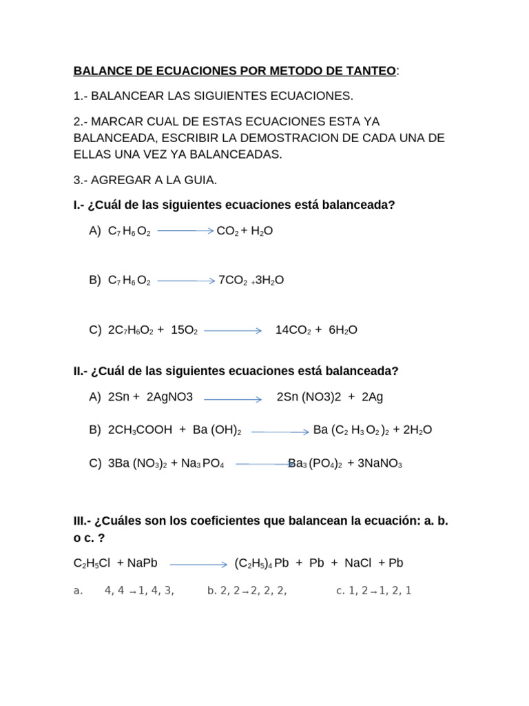 Balanceo de Ecuaciones Por Metodo de Tanteo | PDF