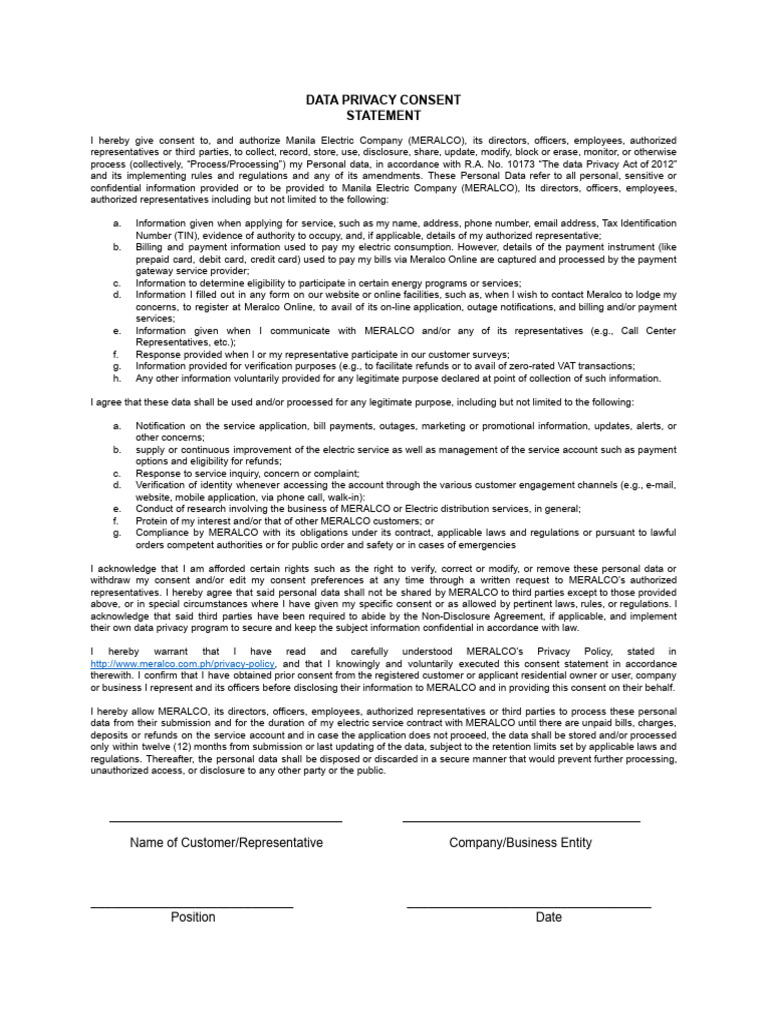 MERALCO Data Privacy Consent Form | PDF | Privacy | Information Privacy