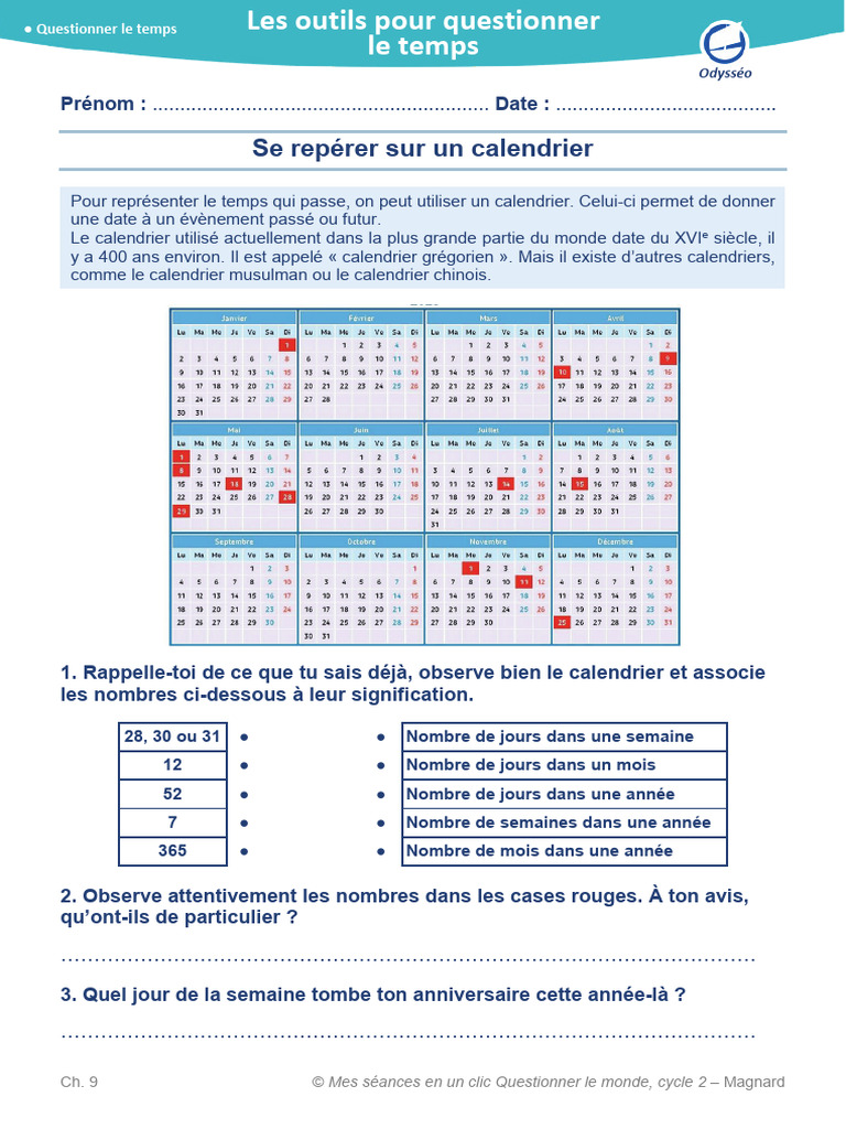 Fiche CH 9 Se Reperer Sur Un Calendrier | PDF