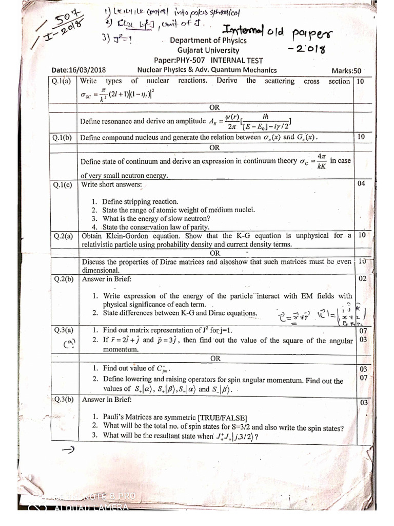 PHY-507 Exam Papers | PDF | Spin (Physics) | Wave Function