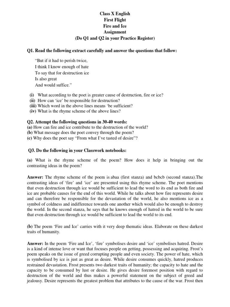 10 English Fire and Ice - Assignment | PDF | Love | Poetry