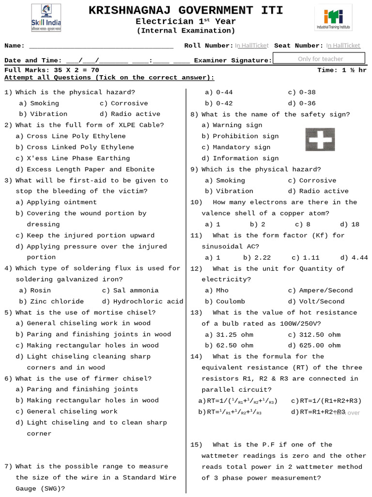 ITI Electrician Exam Questions Guide | PDF | Resistor | Electrical ...