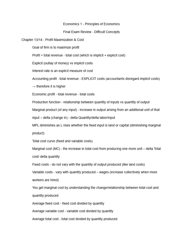 Econ 1 Final Exam Review | PDF | Marginal Cost | Average Cost
