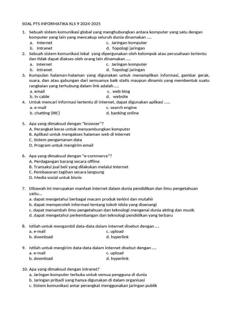 SOAL PTS INFORMATIKA KLS 9 SMT 1 2024-2025 | PDF