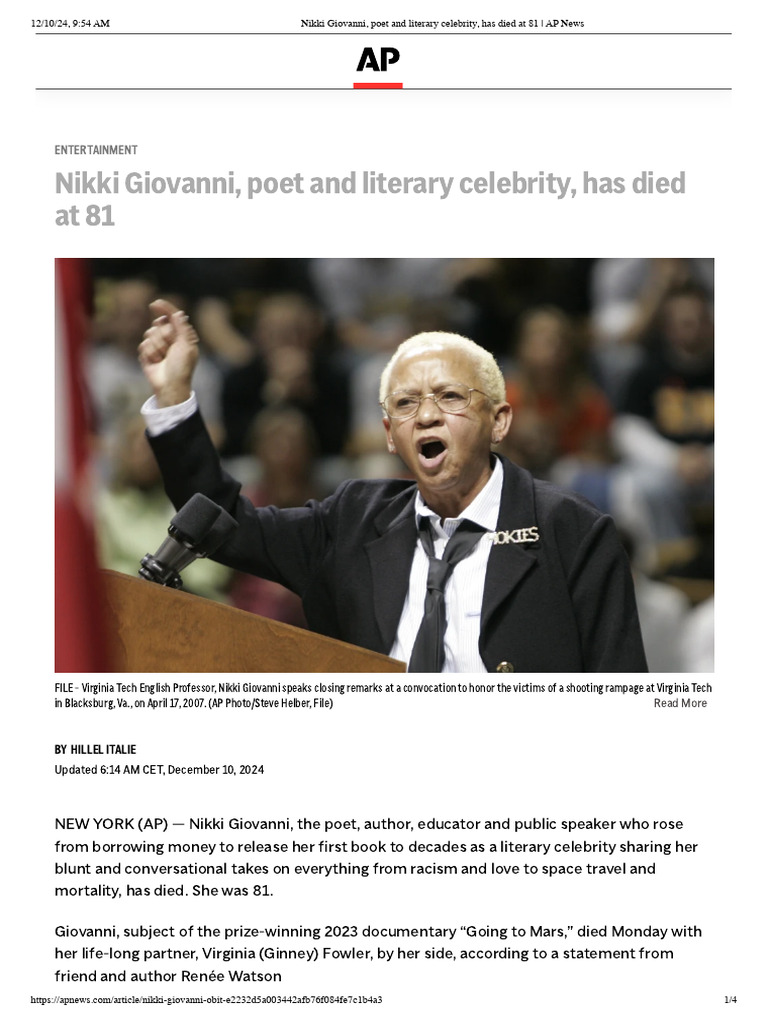 Nikki Giovanni, Poet and Literary Celebrity, Has Died at 81 - AP News | PDF