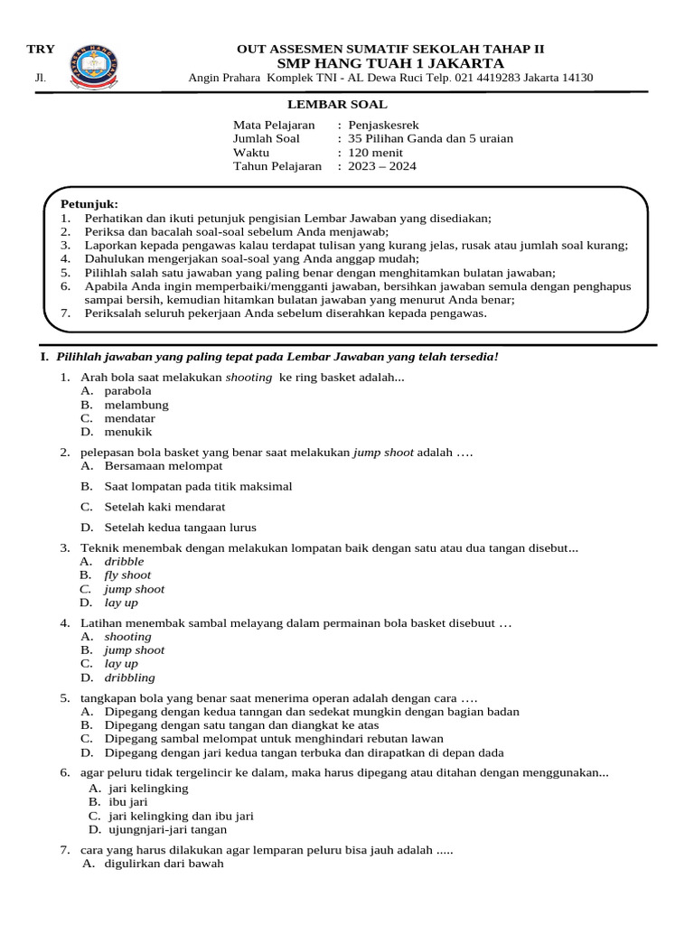 Contoh Template Ukuran Kertas, Kop Dan Penulisan Soal TRY OUT | PDF