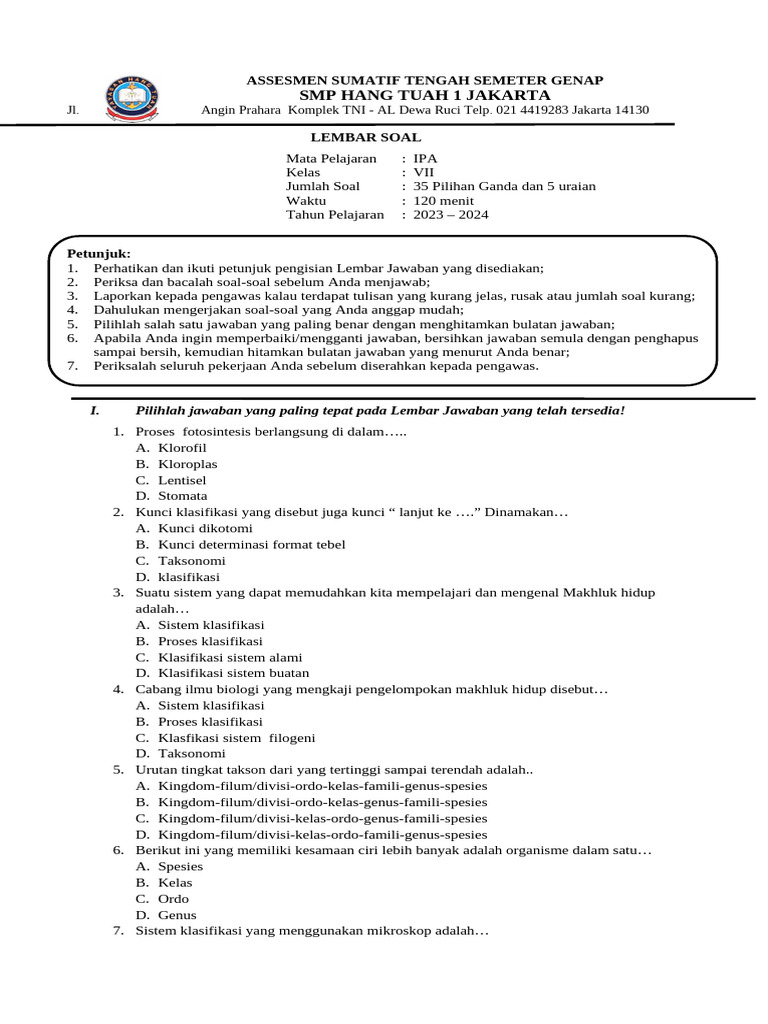 Soal STS Genap Ipa Vii SMP - 2024 | PDF