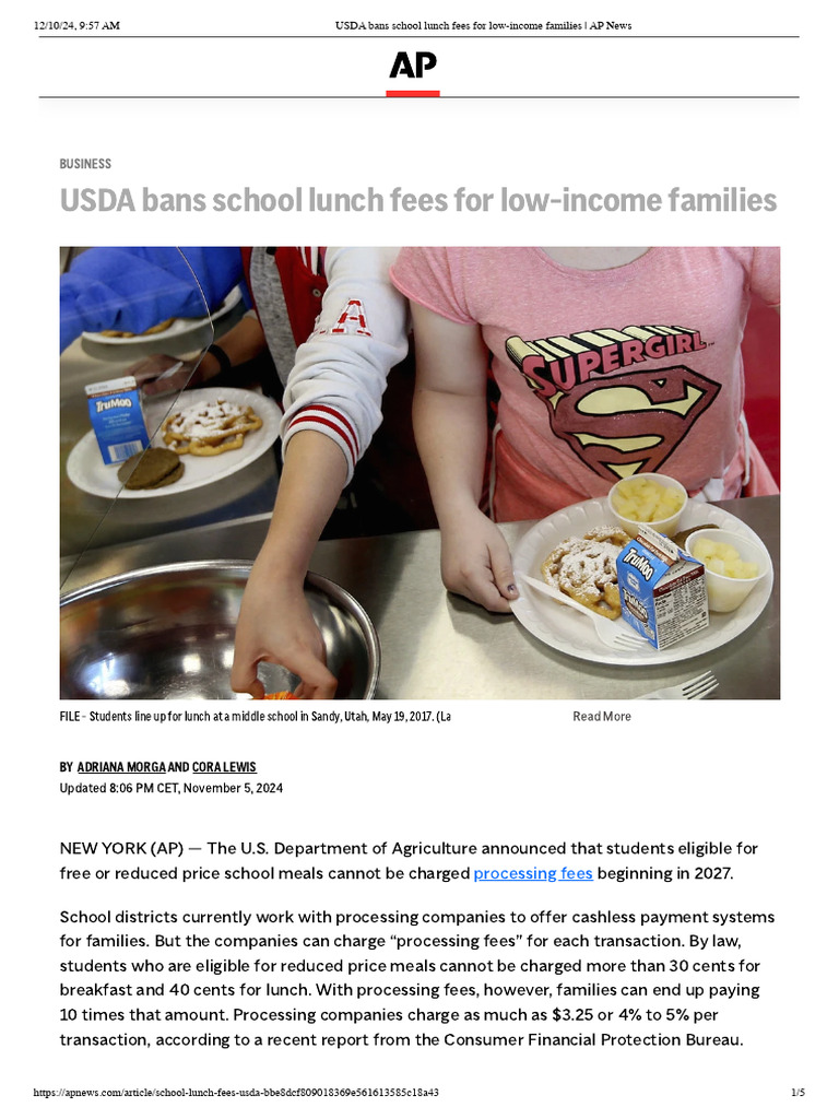 USDA Bans School Lunch Fees For Low-Income Families - AP News | PDF ...
