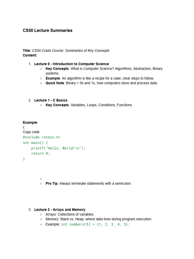 CS50 Lecture Summaries | PDF