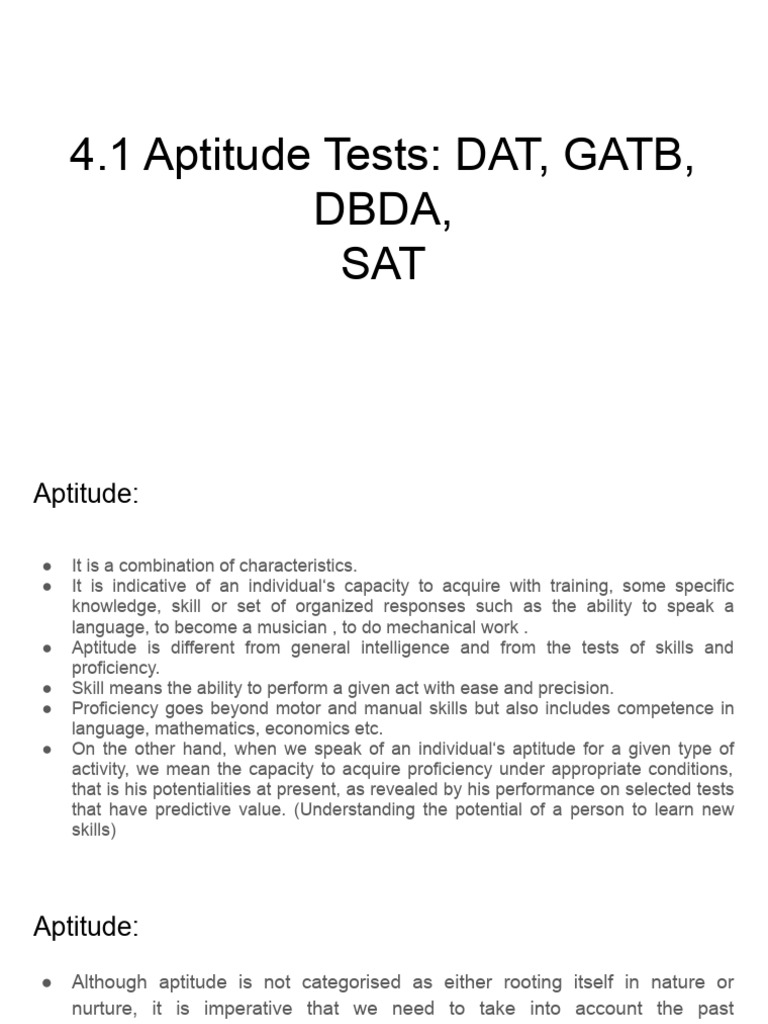 4.1 Aptitude Tests - DAT, GATB, DBDA, SAT | PDF | Sat | Perception