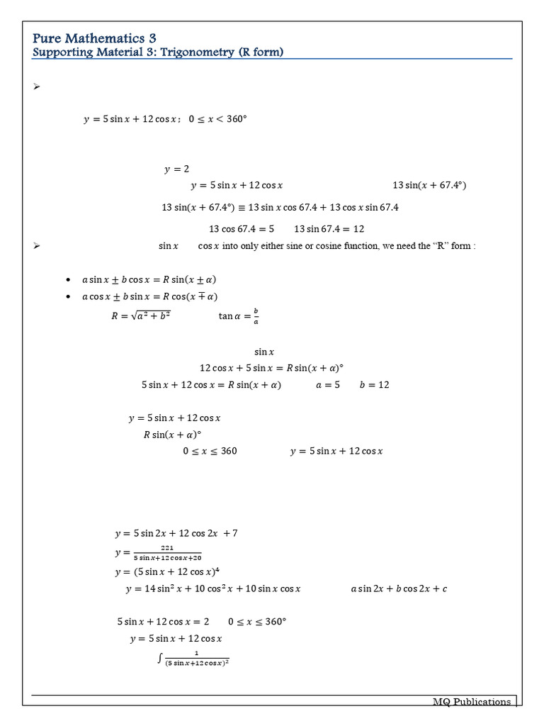 Pure Mathematics 3: Supporting Material 3: Trigonometry (R Form) | PDF ...