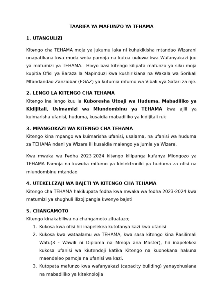 Taarifa Ya Kitengo Cha Tehama | PDF