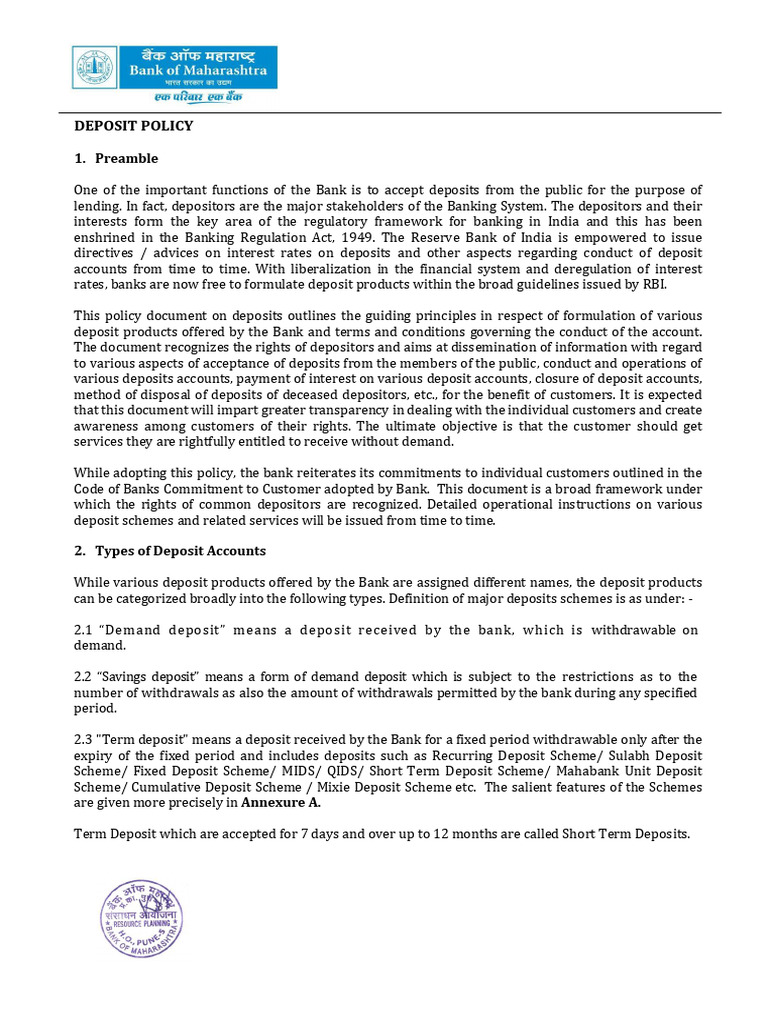 Deposit Policy: 1. Preamble | PDF | Banks | Overdraft