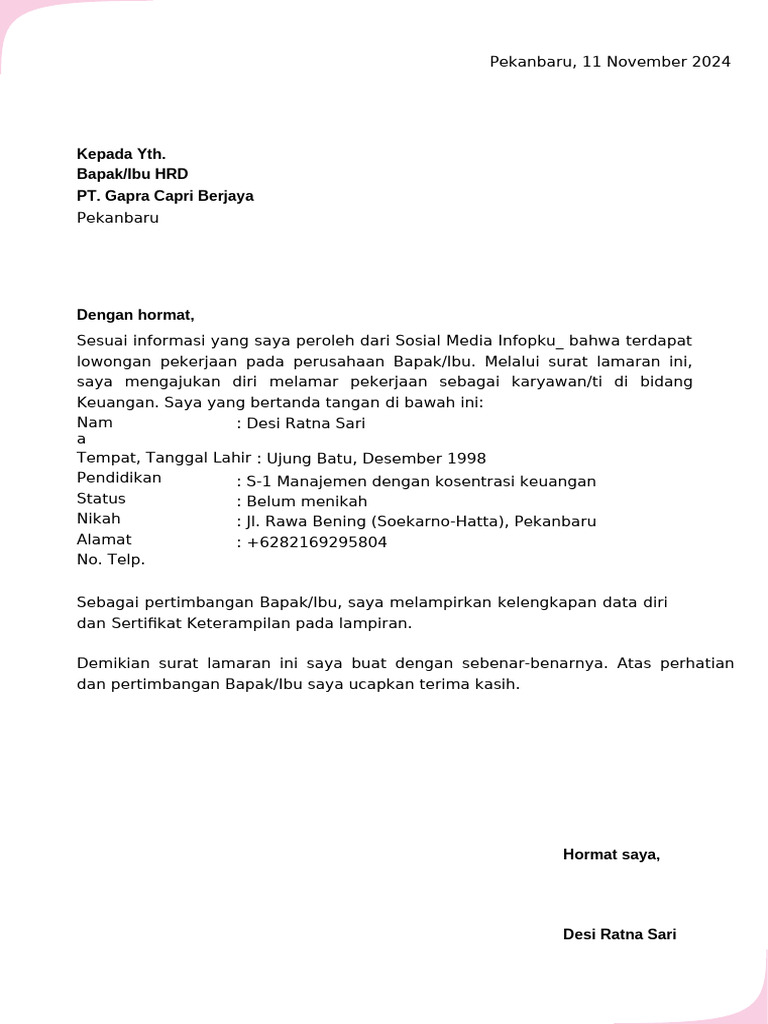 Kepada Yth. Bapak/Ibu HRD PT. Gapra Capri Berjaya | PDF