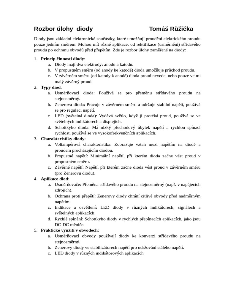 Rozbor Úlohy Diody Tomáš Růžička | PDF