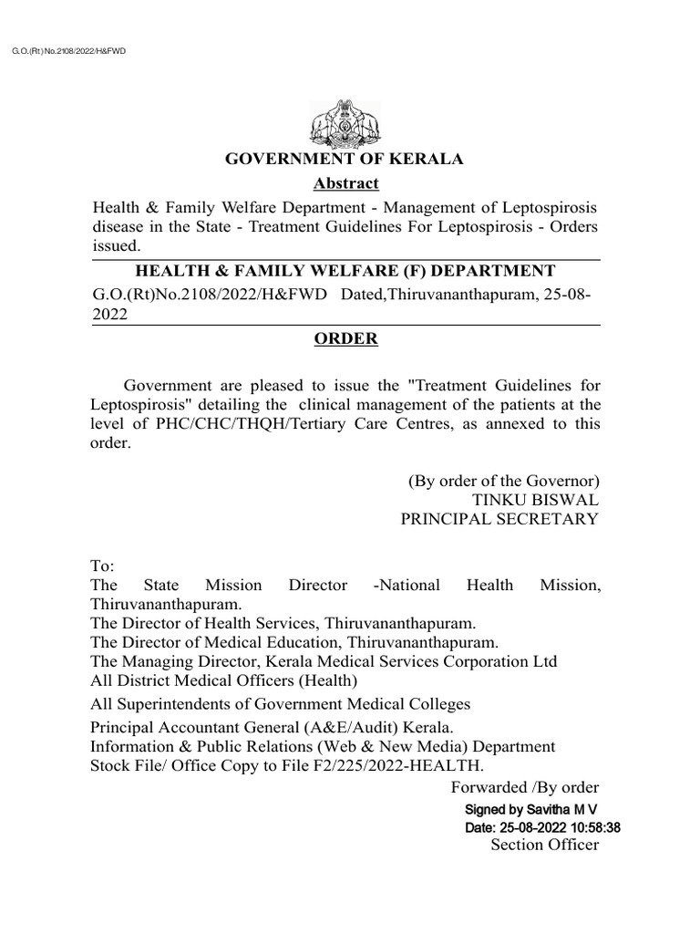 G.O.Rt No. 2108 2022 HFWD Dated 25 08 2022 Treatment Guidelines For Leptospirosis Disease Orders ...