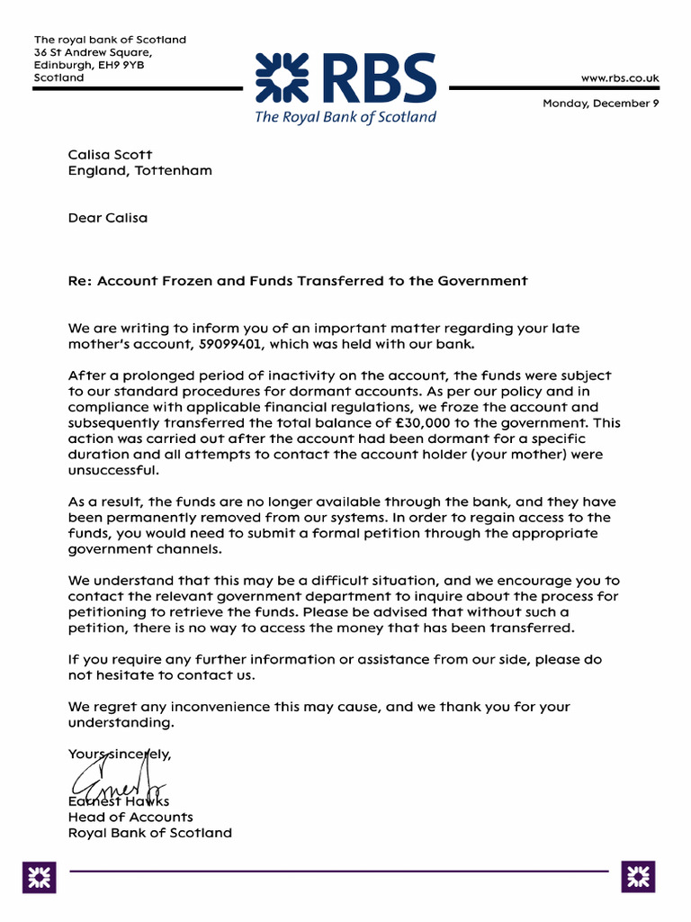 Letter From RBS To Ms. Calisa | PDF