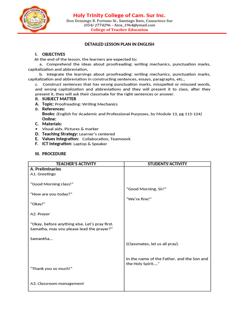 Detailed Lesson Plan in English 1 | PDF | Comma | Proofreading