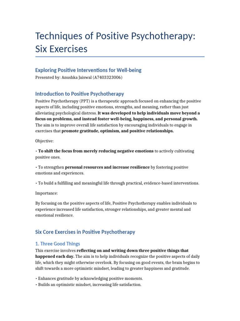 Positive Psychotherapy Techniques Presentation | PDF | Psychotherapy ...