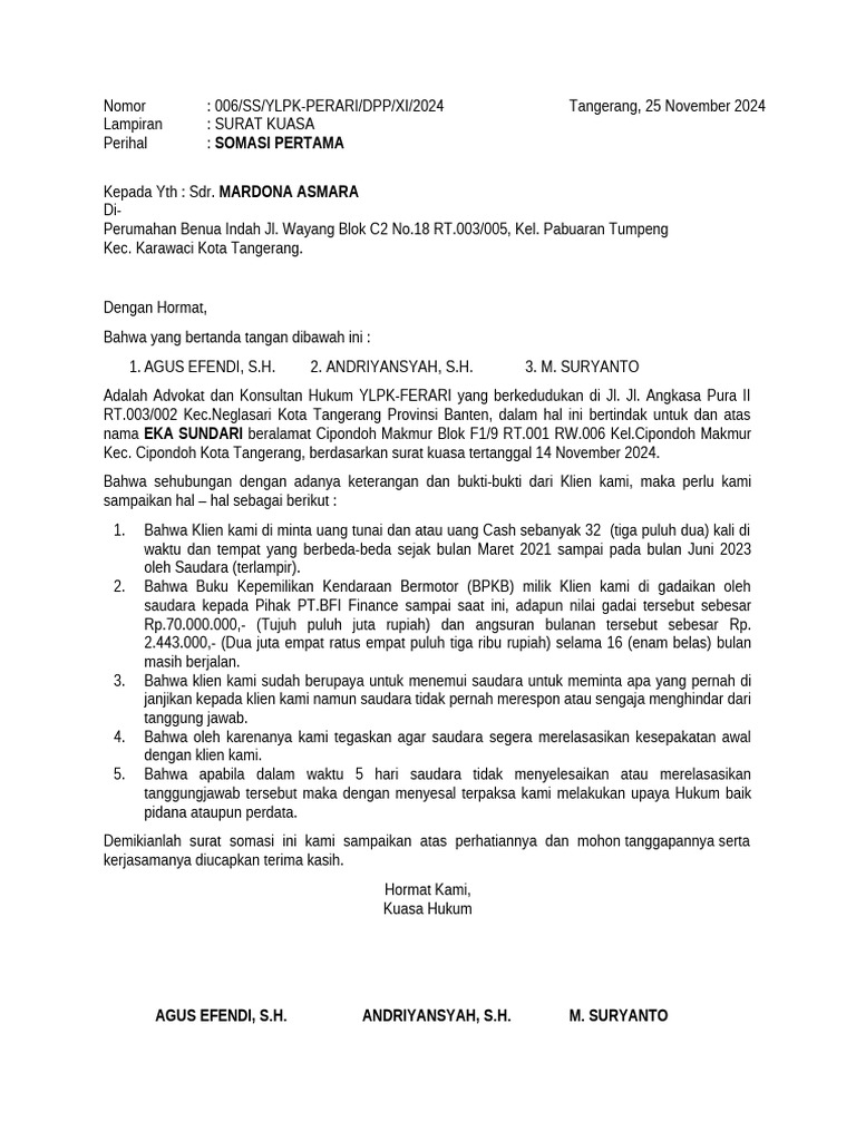 Somasi Pertama - Mardona Asmara | PDF