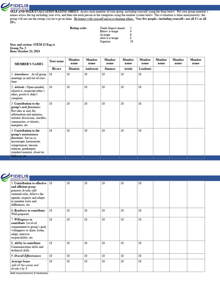 Peer Evaluation Rating Sheet | PDF | Social Psychology | Cognition