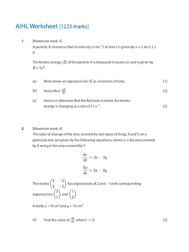 AIHL Calculus Worksheet | PDF | Eigenvalues And Eigenvectors | Errors And Residuals