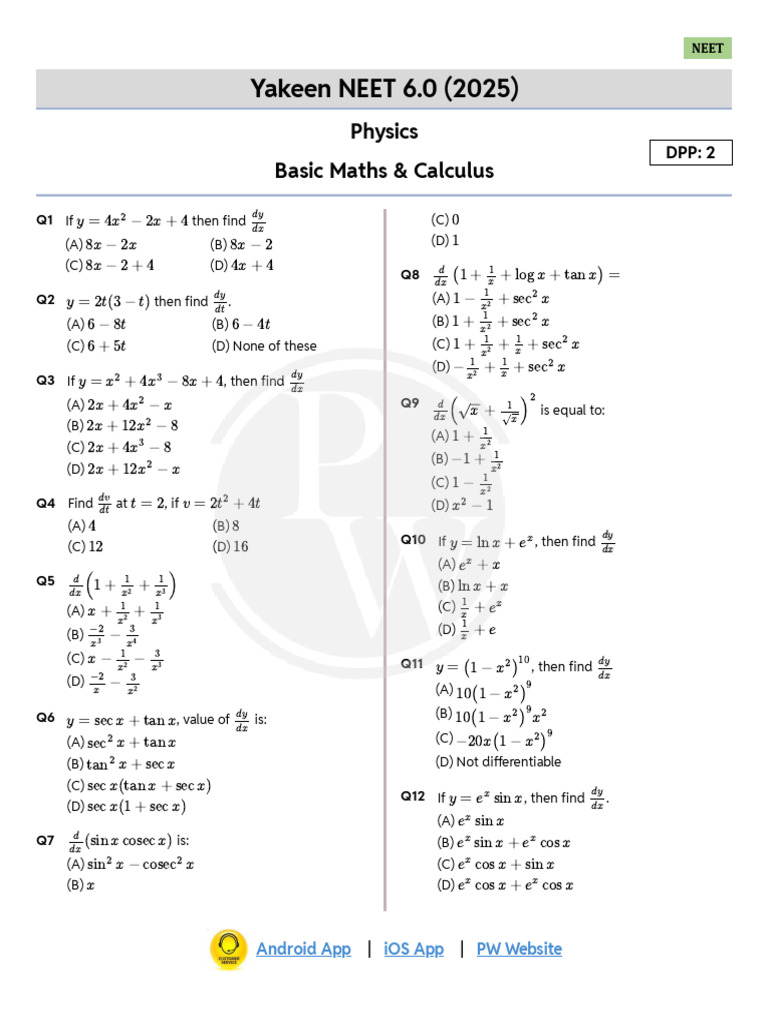 673ca51bca9c5b30584c89d8 - ## - Basic Maths & Calculus: DPP 02 (Of Lec-03) - Yakeen NEET 6.0 ...
