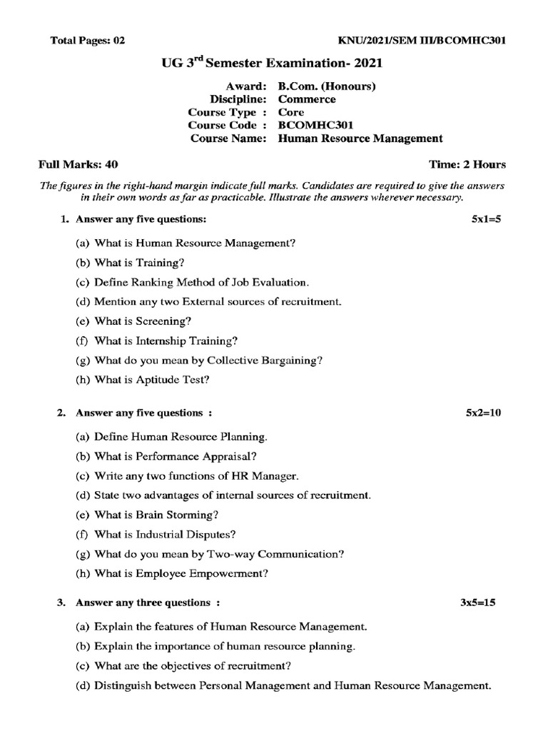 HRM Question Paper 2021 | PDF