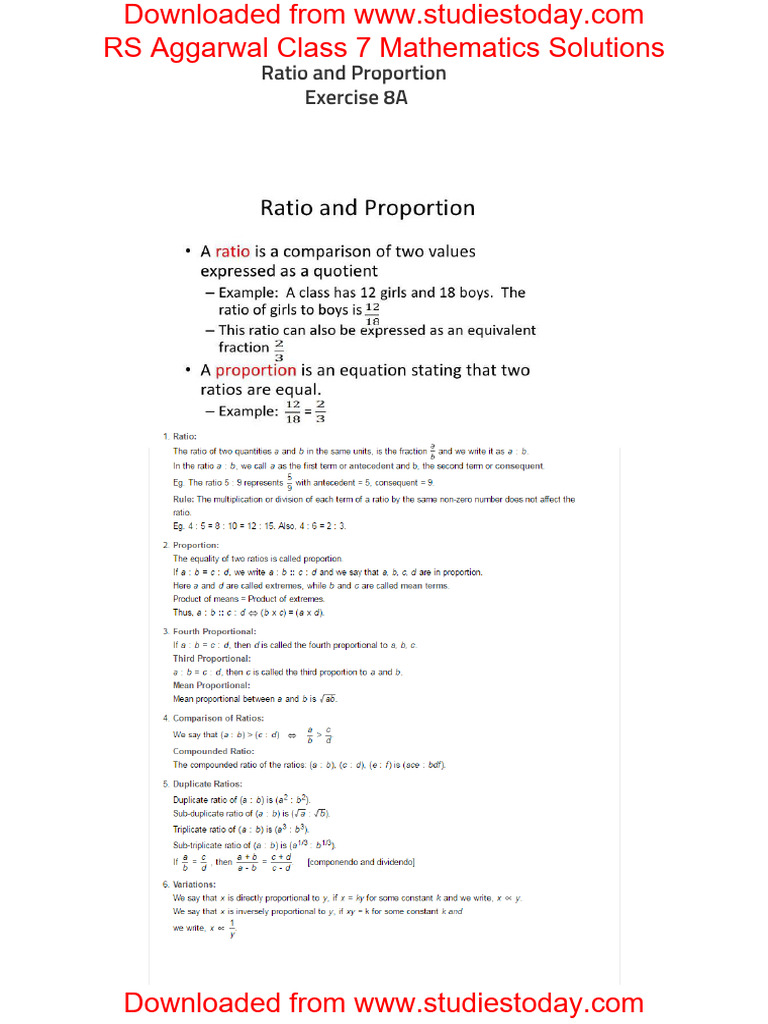 RS Aggarwal Class 7 Mathematics Solutions Chapter 8 Ratio and Proportion | PDF