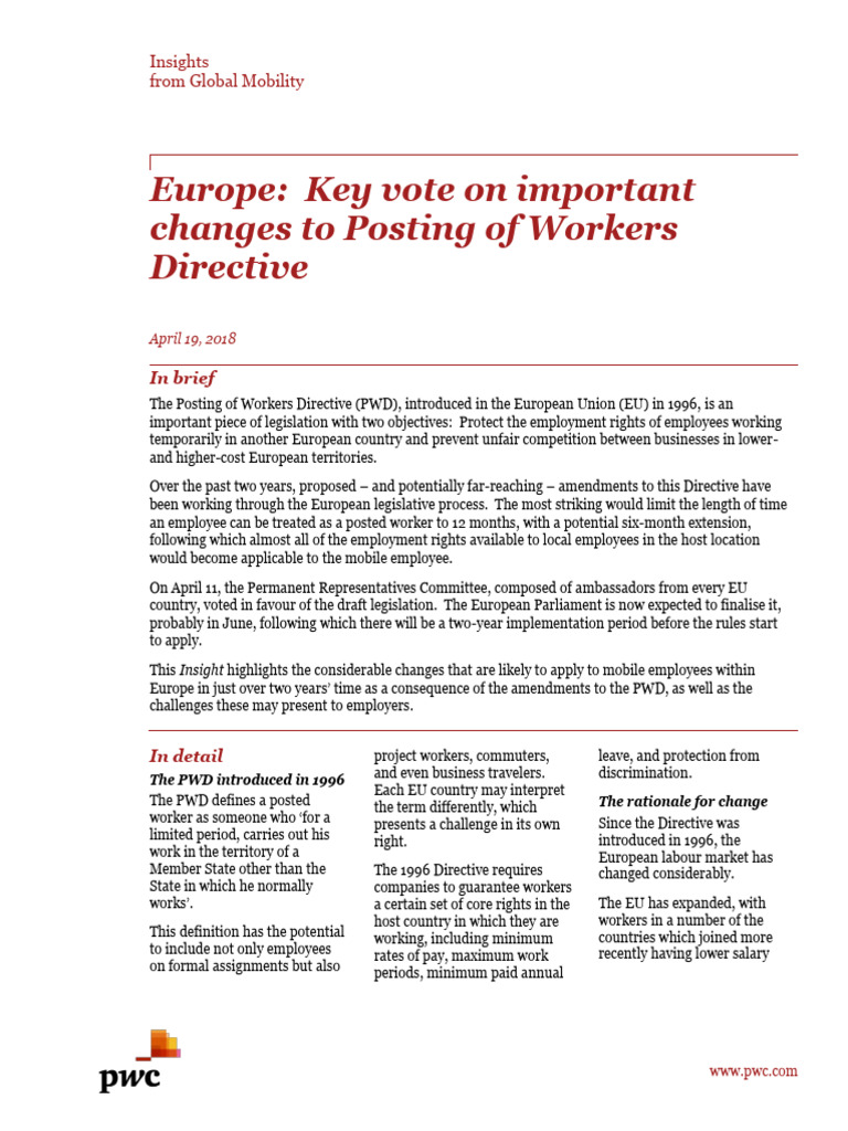 PWC Key Vote On Important Changes To Eu Posting of Workers Directive ...
