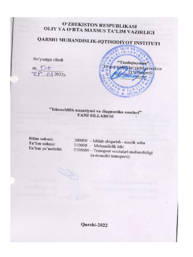 Ishonchlilik Nazariyasi Va Diagnostika Asoslari (Ishchi Dastur) | PDF