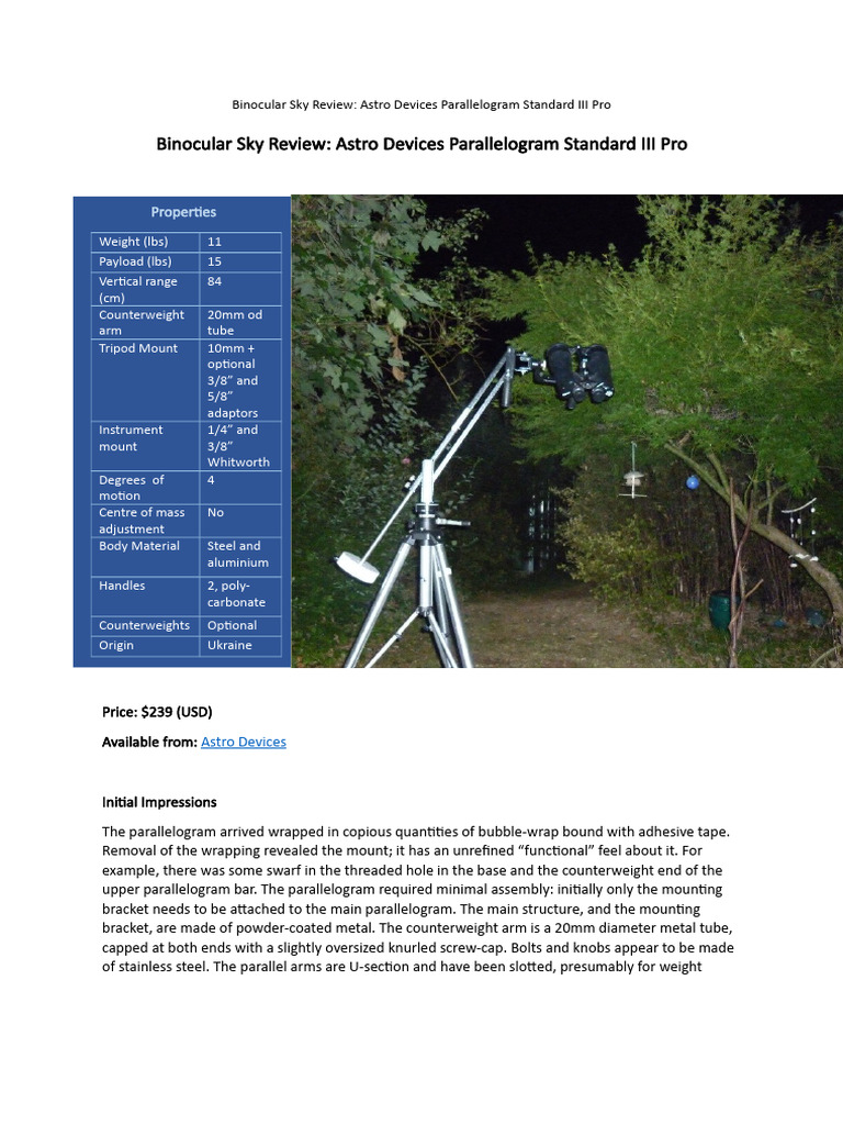 Astro Devices Parallelogram Review | PDF | Tripod (Photography)