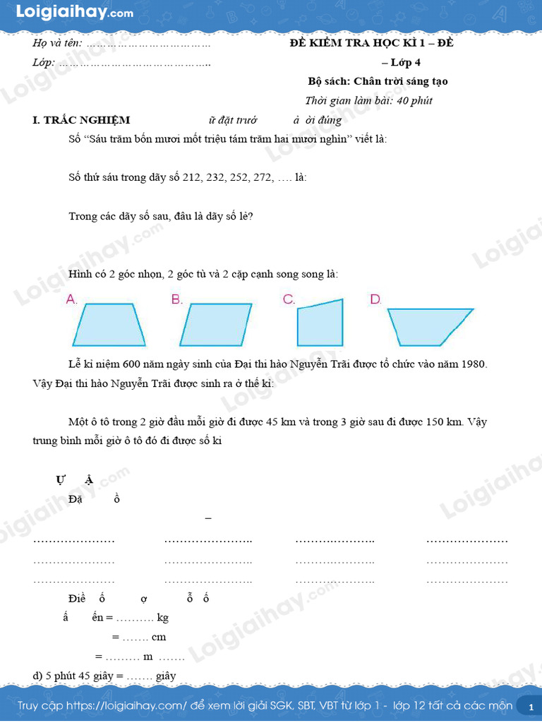 De Kiem Tra Hoc Ki 1 Toan 4 Chan Troi Sang Tao de So 3 1700203503 | PDF