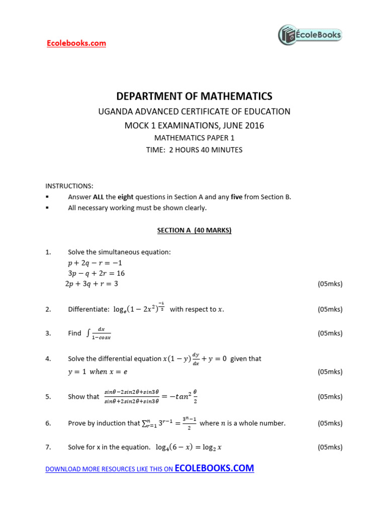 s.6 Mathematics p1 Mock 1 | PDF | Circle | Equations