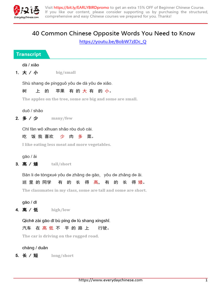 40 Common Chinese Opposite Words You Need To Know | PDF