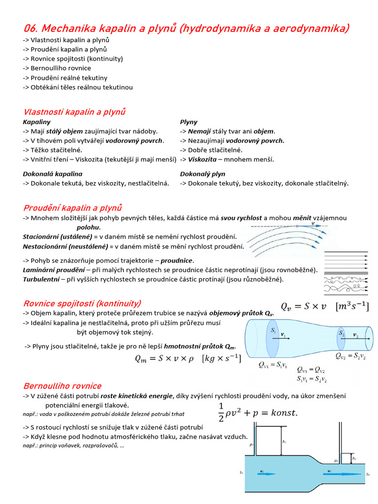 06. Mechanika kapalin a plynů (hydrodynamika a aerodynamika) | PDF