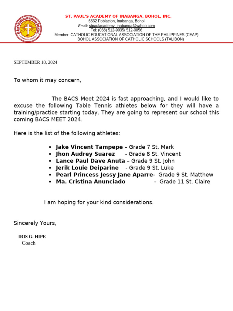EXCUSE-LETTER-FOR-ATHLETES (1) | PDF