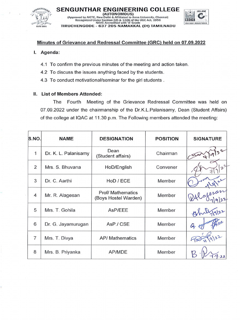 Greivance Redressal Committee Meeting Format | PDF