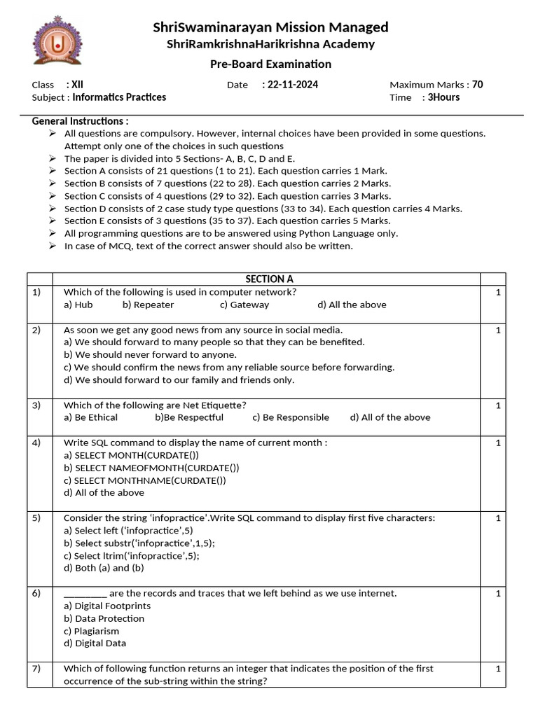 12 IP REVISION PAPER 2 | PDF | Multiple Choice | Computer Programming