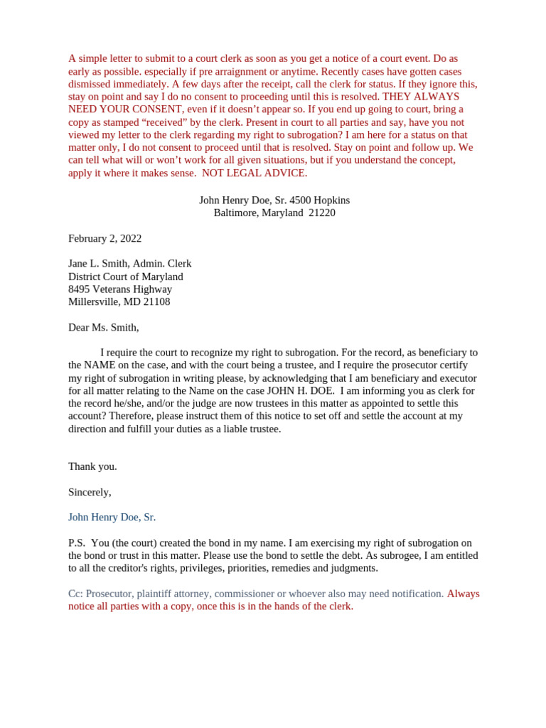 Subrogation Letter to Court Clerk - Simple | PDF